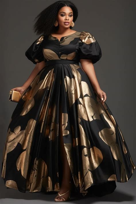 Xpluswear Design Plus Size Evening Black Round Neck Puff Sleeve Maxi