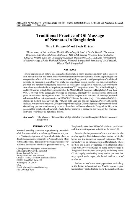Pdf Traditional Practice Of Oil Massage Of Neonates In Bangladesh