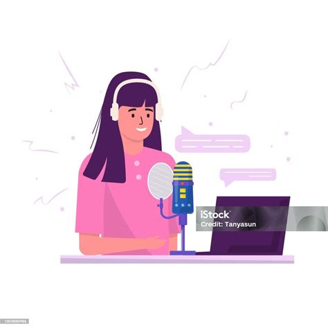 헤드폰 듣기 및 녹음 오디오 팟 캐스트와 팟 캐스트 온라인 쇼 벡터 평면 일러스트 마이크와 헤드셋 공부를 가진 젊은 여성 팟 캐스트 방송을 들을 수 있습니다 팟캐스트 컨셉