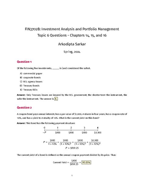 Lecture Questions And Answers FIN B Investment Analysis And Portfolio Management Topic
