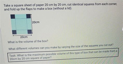 Solved Take A Square Sheet Of Paper 20 Cm By 20 Cm Cut Chegg Com