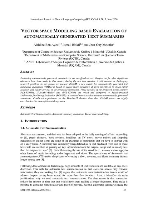 Pdf Vector Space Modeling Based Evaluation Of Automatically Generated Text Summaries