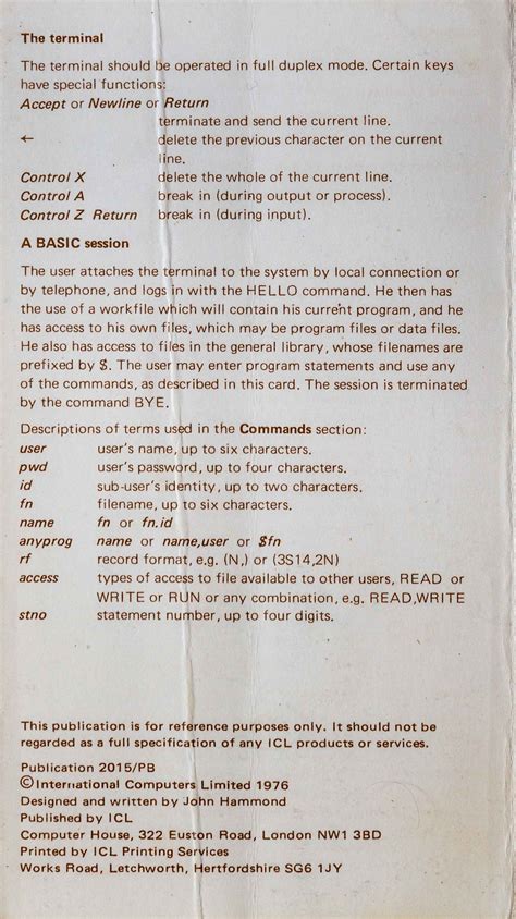 ICL 2903 BASIC Reference Card ICL CES Computer Education In Schools