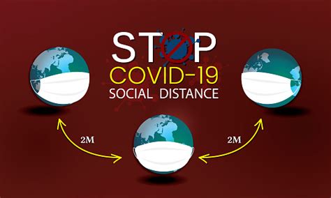 마스크를 쓰고 있는 세계 만화 3개 사회적 거리를 위해 2미터 떨어져 서 있는 코로나 바이러스의 확산을 방지한다 발생을 중지합니다 개념 일러스트레이션 벡터 0명에 대한 스톡