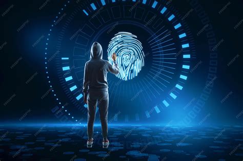 Premium Photo Hacker Using Abstract Glowing Fingerprint Hologram On
