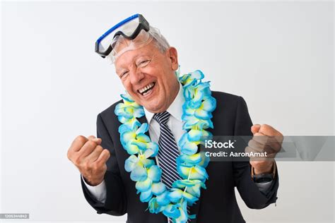 양복 하와이 레이 다이빙 고글을 입고 고립 된 흰색 배경에 매우 행복하고 팔을 들고 웃고 성공을 위해 비명을 지르는 우승자 제스처를하고 흥분한 선임 사업가 축 하 개념입니다