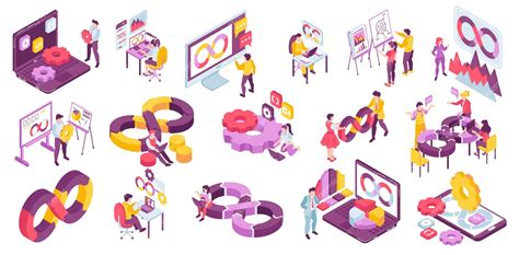 작업 3d 격리 된 벡터 일러스트 레이 션에서 프로그래머의 색상 무한대 기호 톱니 바퀴 문자로 Devops 엔지니어링 아이소 메트릭 세트 무료 벡터