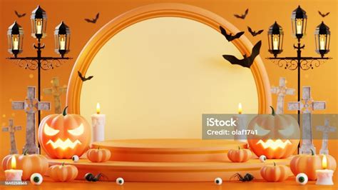 호박 십자가 두개골 촛불 사탕 기브 박스 배경에 무덤이 있는 할로윈 배너를 위한 3d 렌더링 일러스트레이션 디자인 10월에 대한 스톡 사진 및 기타 이미지 Istock