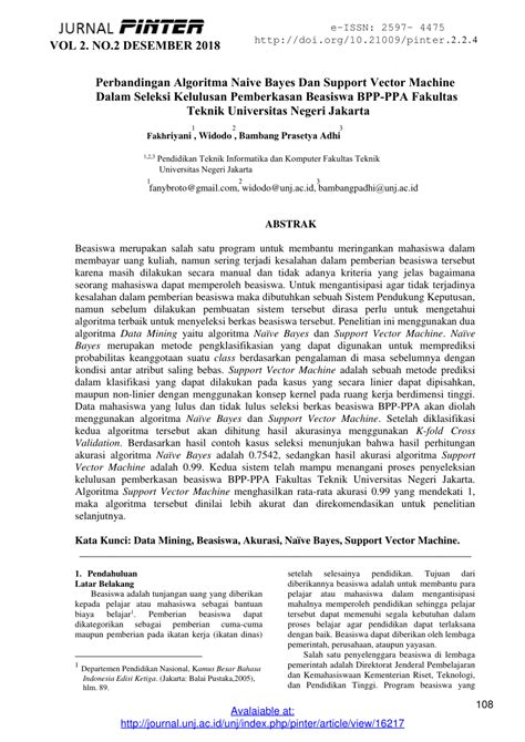 PDF Perbandingan Algoritma Naive Bayes Dan Support Vector Machine Dalam Seleksi Kelulusan