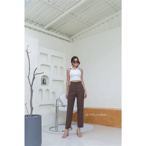 กางเกงทรงกระบอกเล็ก ผ้าเปเป้ รุ่นแต่งกระดุมปั๊ม 2 เม็ด ขา 9 ส่วน กางเกงใส่ทำงาน S Xl