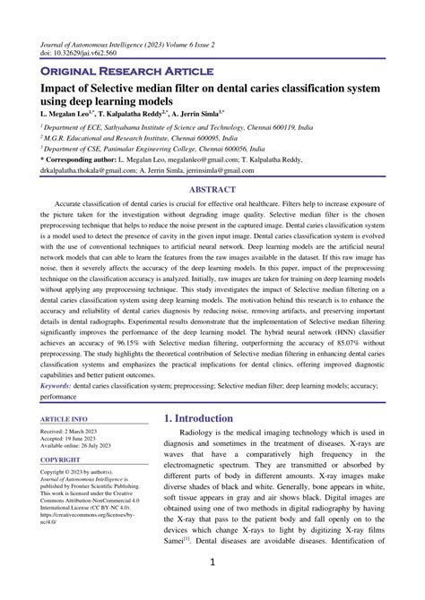 Pdf Impact Of Selective Median Filter On Dental Caries Classification System Using Deep