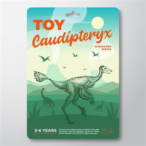 장난감 공룡 레이블 템플릿 추상적인 벡터 포장 디자인 레이아웃 선사 시대 화산 풍경과 손으로 그린 Caudipteryx 배경