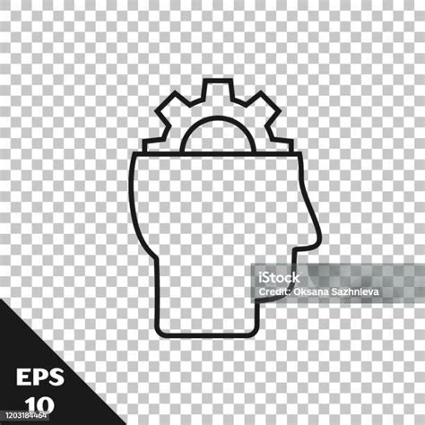 검은 선 투명 한 배경에 격리 된 아이콘 내부 기어와 인간 인공 지능 생각 두뇌 기호 뇌의 상징 작업입니다 벡터 일러스트레이션 개념에 대한 스톡 벡터 아트 및 기타 이미지