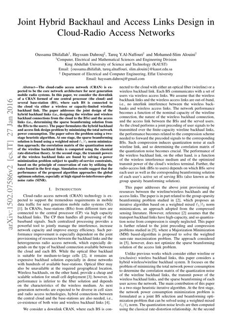 Pdf Joint Hybrid Backhaul And Access Links Design In Cloud Radio Access Networks