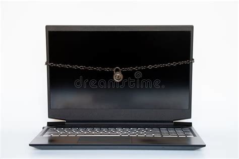 Black Laptop Tied With Chain With A Padlock On A White Background