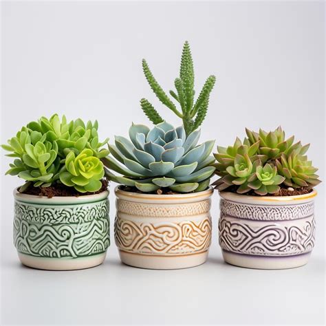 Premium Photo 3 Ceramic Pots Decorated With Succulents On A White