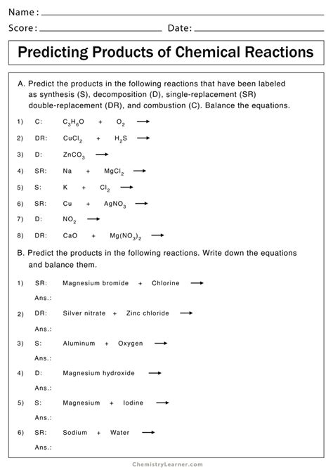 Identifying Types Of Chemical Reactions Worksheets Answer Ke