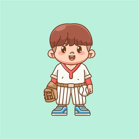 Cute Baseball Player With Glove And Ball Kawaii Chibi Character Mascot