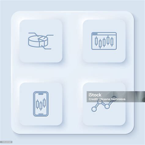 Set Line Pie Chart Infographic Browser With Stocks Market Mobile Trading And Graph White Square
