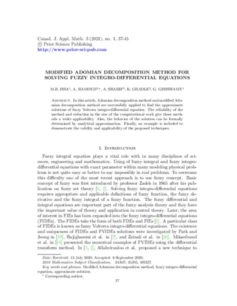 Pdf Modified Adomian Decomposition Method For Solving Fuzzy Integro