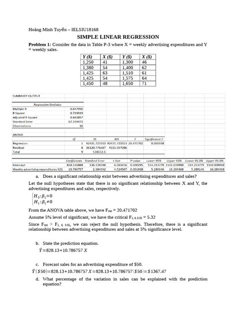 Hw Simple Linear Regression 1 Docx Pdf Coefficient Of Determination Statistical Significance