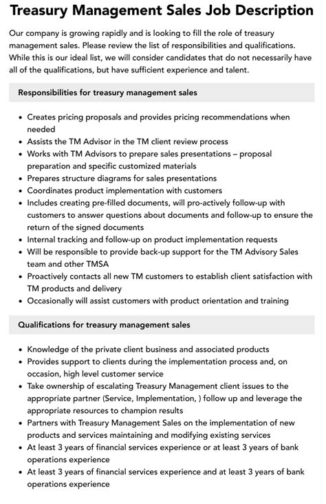 Treasury Management Sales Job Description Velvet Jobs