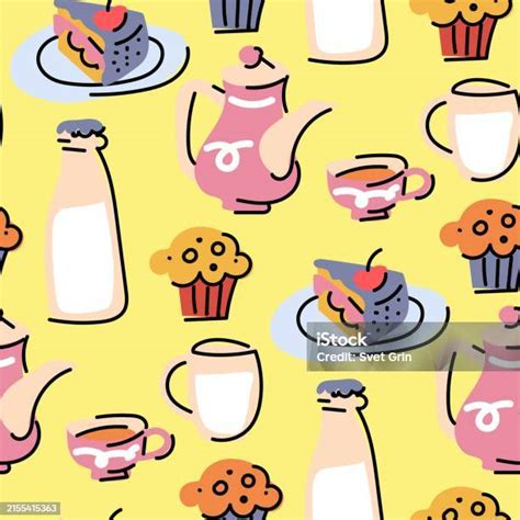 티 파티 디테일과 과자의 세련된 일러스트가 있는 귀여운 작은 스티커 패턴 세련되고 아늑한 요소가 있는 완벽한 배경 직물 및