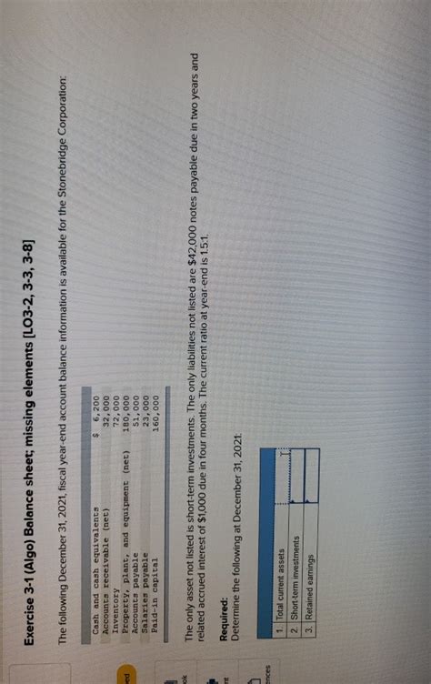 solved exercise 3 1 algo balance sheet missing elements