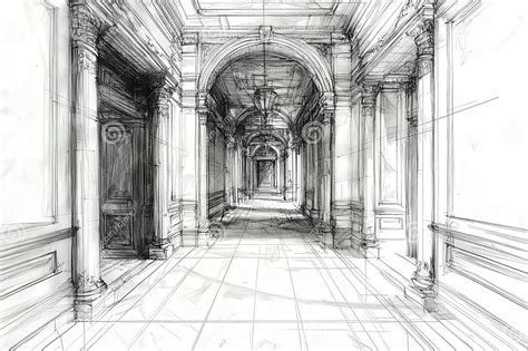 This Technical Sketch Showcases A Hallway Featuring Parallel Arches And Decorative Columns Stock
