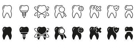 치과 진단 실루엣과 선 아이콘 세트 치아 의료 선형 및 글리프 픽토그램 컬렉션 치과 기호입니다 치과 치료 기호입니다 편집 가능한 획 고립된 벡터 그림 아이콘에 대한 스톡