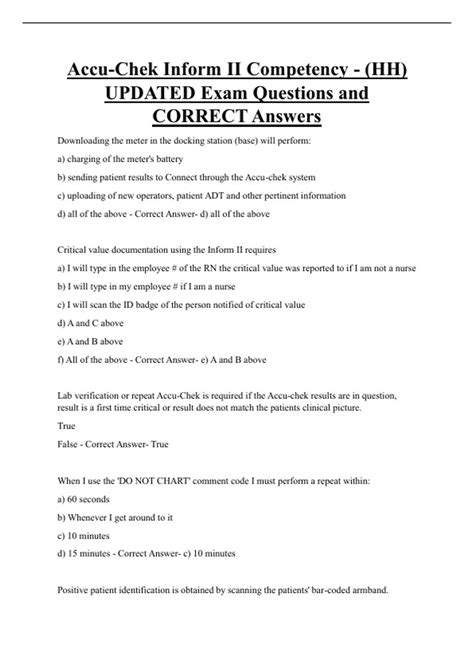 Accu Chek Inform II Competency HH UPDATED Exam Questions And CORRECT Answers Accu Chek