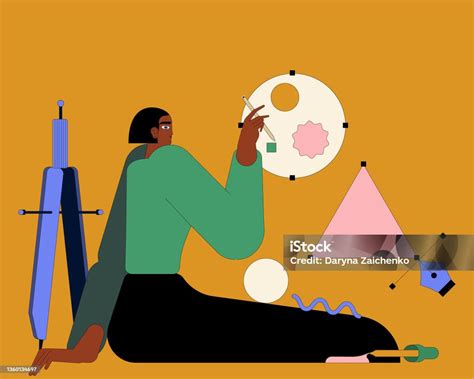 스타일러스 펜으로 추상적인 모양을 그리는 소프트웨어 에서 일하는 여성 일러스트레이터 디자이너 캐릭터 프리랜서 또는 아트 디렉터