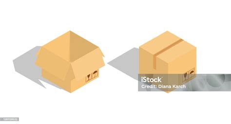 이좀트리 깨지기 쉬운 표지판이있는 흰색 배경에 닫힌 및 열린 골판지 상자 세트 운송 배송 골판지 상자 모형 벡터 그림입니다 3d 안경에 대한 스톡 벡터 아트 및 기타 이미지