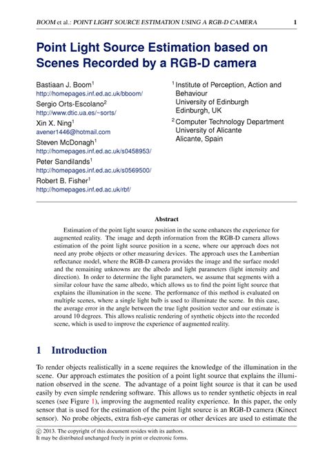 Pdf Point Light Source Estimation Based On Scenes Recorded By A Rgb D