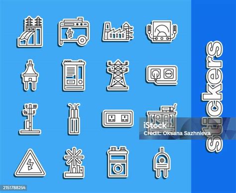 세트 라인 전기 플러그 디젤 발전기 전기 콘센트 발전소 공장 및 공장 자동차 배터리 원자력 및 고전압 극 라인 아이콘 벡터 0명에 대한 스톡 벡터 아트 및 기타 이미지