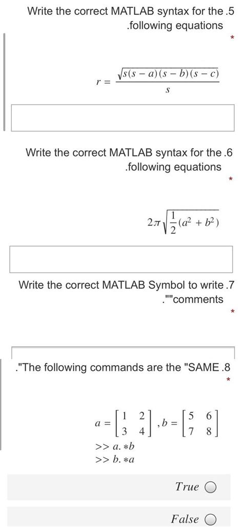Solved The Following Are Correct Matlab Syntax 1 1 2 3