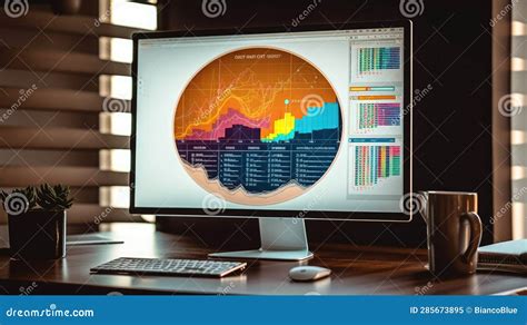 The Side View Of A Computer Screen Displaying Multiple Financial Reports Graphs And Pie In