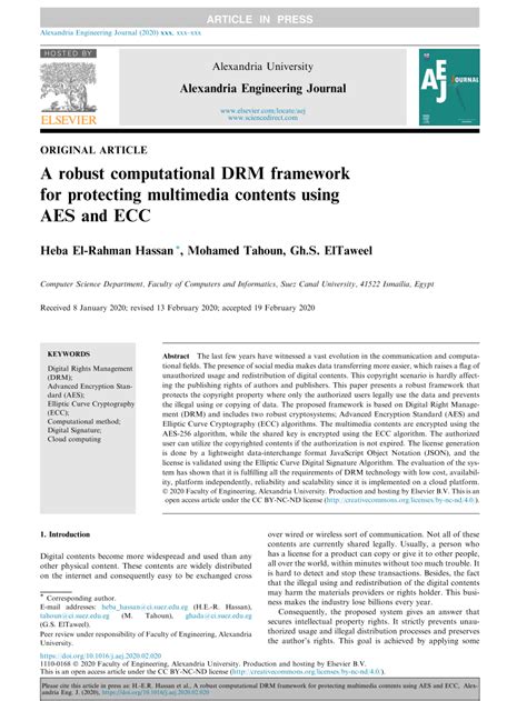 Pdf A Robust Computational Drm Framework For Protecting Multimedia Contents Using Aes And Ecc