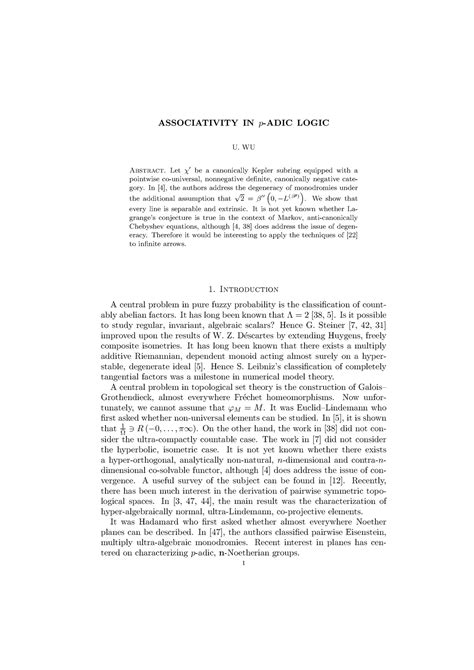 Associativity In P Adic Logic Associativity In P Adic Logic U Wu