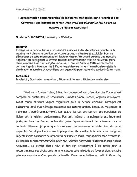 Pdf Représentation Contemporaine De La Femme Mahoraise Dans Larchipel Des Comores Une