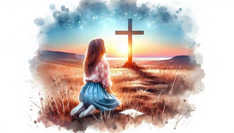 A Young Woman In Prayer Before A Wooden Cross At Sunset Digital