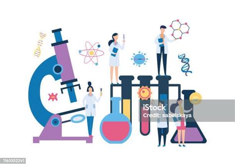 กลุ่มนักวิทยาศาสตร์ชีววิทยาคนและอุปกรณ์ห้องปฏิบัติการขนาดใหญ่สไตล์