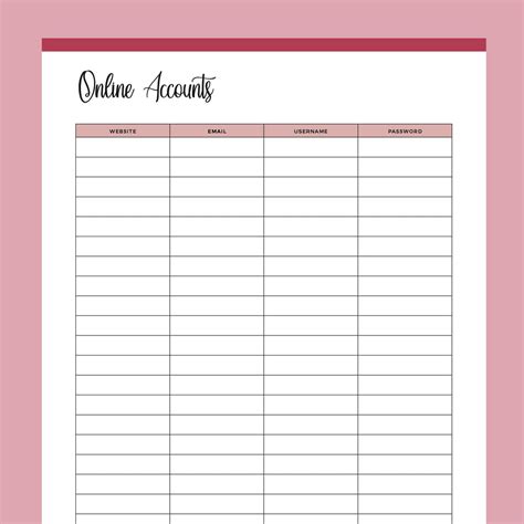 Printable Online Account Password Log Plan Print Land