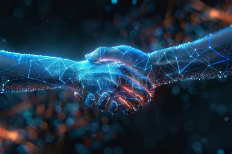 Digital Handshake Illustrating Trust And Connection In Blue Neon Lights Stock Image Image Of