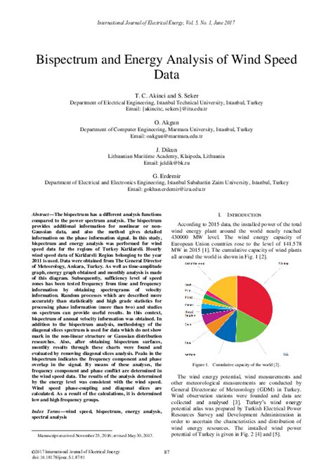 Pdf Bispectrum And Energy Analysis Of Wind Speed Data Jelena Dikun