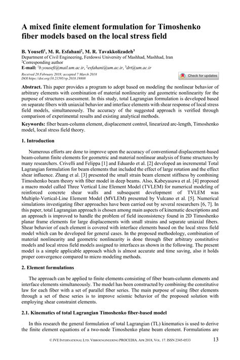 Pdf A Mixed Finite Element Formulation For Timoshenko Fiber Models