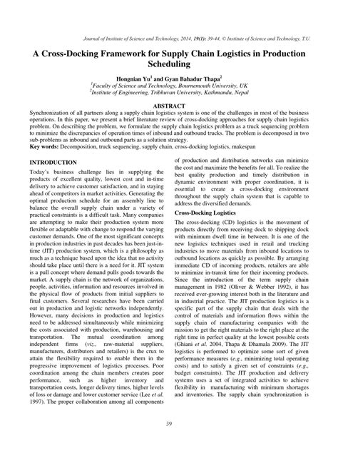 Pdf A Cross Docking Framework For Supply Chain Logistics In Production Scheduling