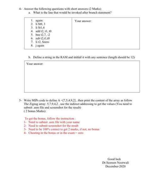 Solved Short Answer Questions 1 Write Mips Code That Is