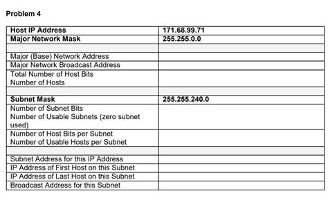 Problem 4 Host IP Address Major Network Mask Major Base Network Address Major Network