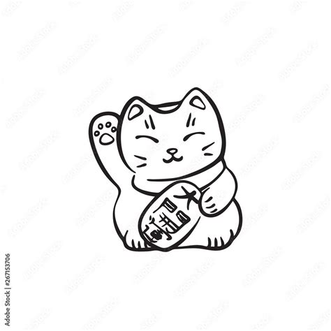 Hand Drawn Maneki Neko Cute Cat Vector Black Ink Drawing Isolated On